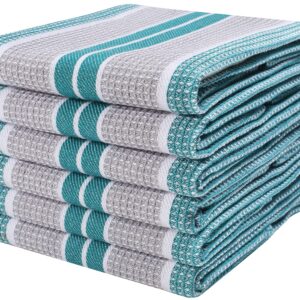 100% Cotton Dish Towels, Honeycomb Pattern, Absorbent, Quick Dry, Professional Grade, Tea Towels Set of 6, Teal Grey, 18x28 Inches