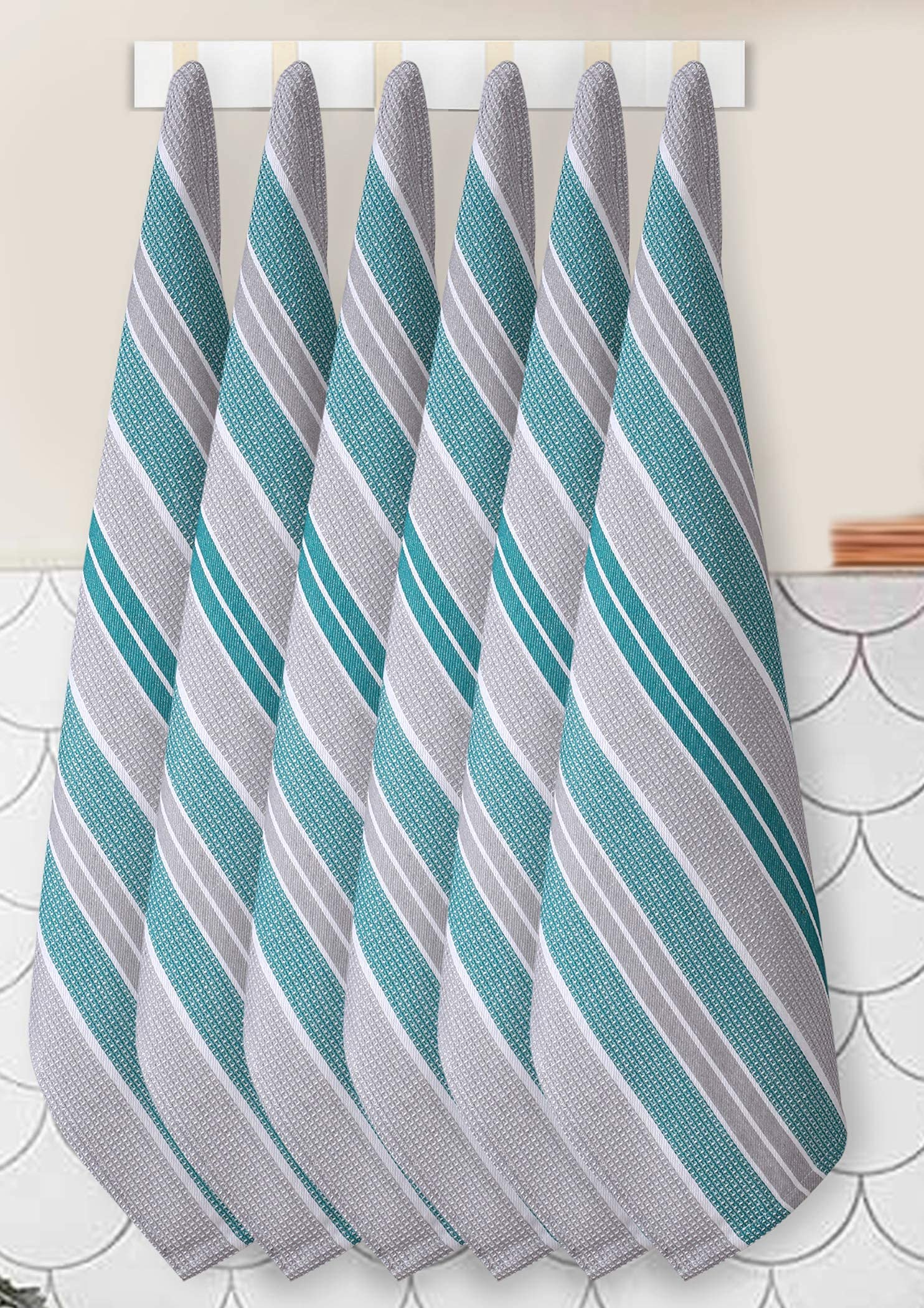 100% Cotton Dish Towels, Honeycomb Pattern, Absorbent, Quick Dry, Professional Grade, Tea Towels Set of 6, Teal Grey, 18x28 Inches