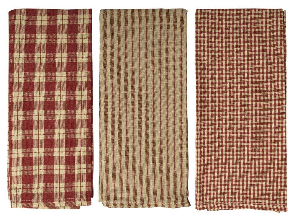 fillURbasket Burgundy Farmhouse Kitchen Towels Set of 3 Striped Buffalo Checked Plaid Dish Towels Red and Tan Towels for Decor Dishing Drying Cotton 15”x25”