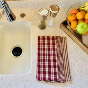 fillURbasket Burgundy Farmhouse Kitchen Towels Set of 3 Striped Buffalo Checked Plaid Dish Towels Red and Tan Towels for Decor Dishing Drying Cotton 15”x25”