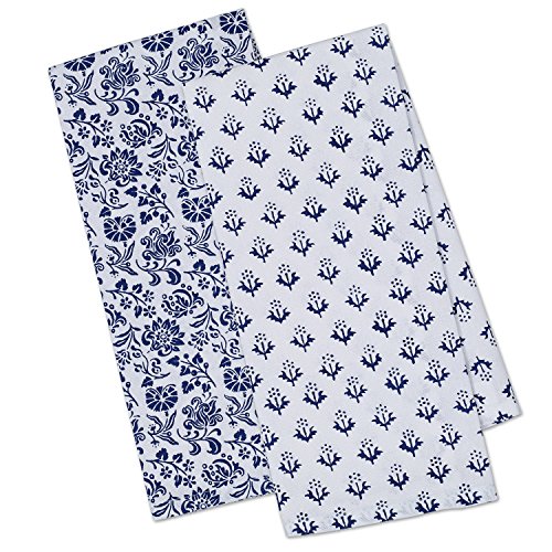 DII Tunisia Blue Market Tabletop and Kitchen Collection, Dishtowel Set, 18x28", Tunisian Flowers, 2 Piece