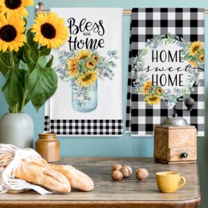 AnyDesign Summer Sunflower Kitchen Towel Buffalo Plaids Dish Cloths Floral Dish Towel Home Hand Towels Sweet Hand Drying Tea Towel for Seasonal Holiday Cooking Baking Cleaning Wiping, 18 x 28 In, 2Pcs