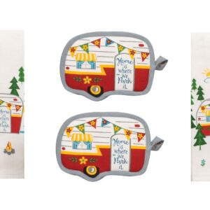 4 Piece Home Is Where We Park It Happy Camper Kitchen Towel Bundle, 2 Towels and 2 Potholders