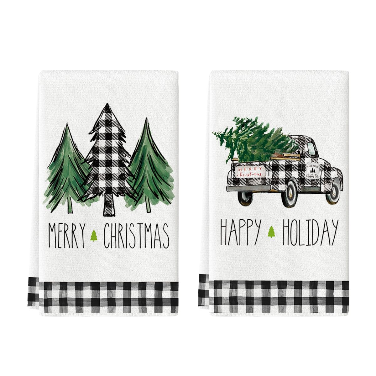 Artoid Mode Buffalo Plaid Truck Trees Kitchen Towels and Dish Towels Merry Christmas, 18 x 26 Inch Winter Drying Cloth Tea Towels for Cooking Baking Set of 2