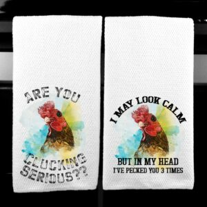 Clucking Serious and Pecked you Rooster Chicken Funny Rustic Farm Microfiber Kitchen Towel Set of 2