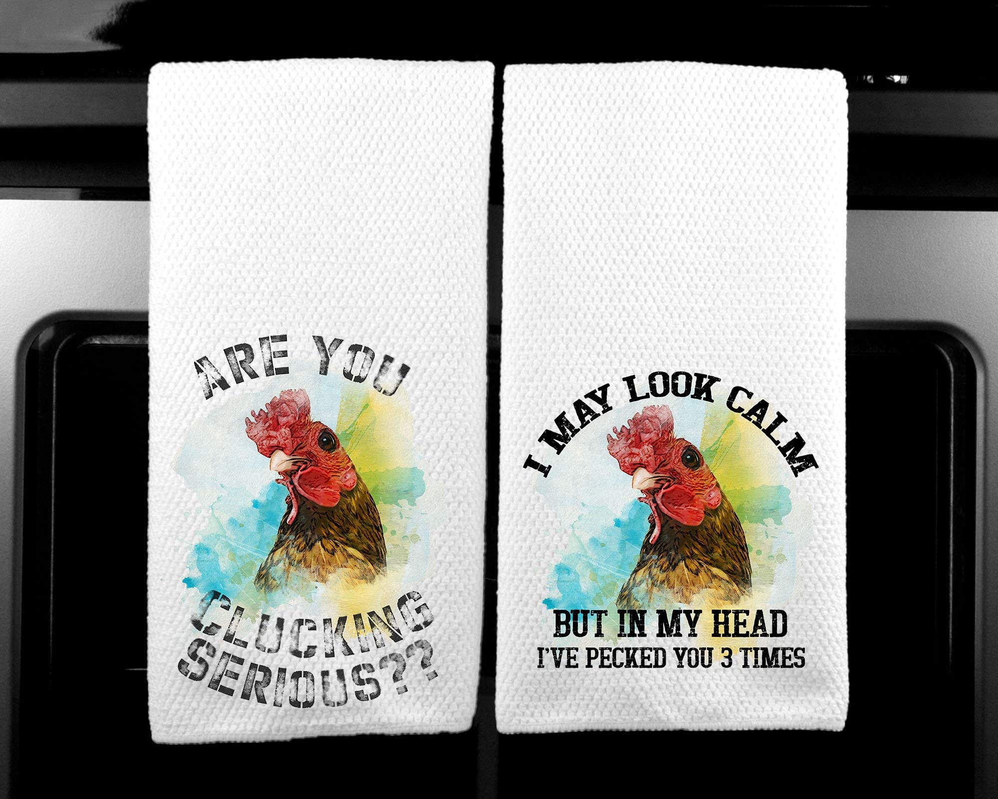 Clucking Serious and Pecked you Rooster Chicken Funny Rustic Farm Microfiber Kitchen Towel Set of 2