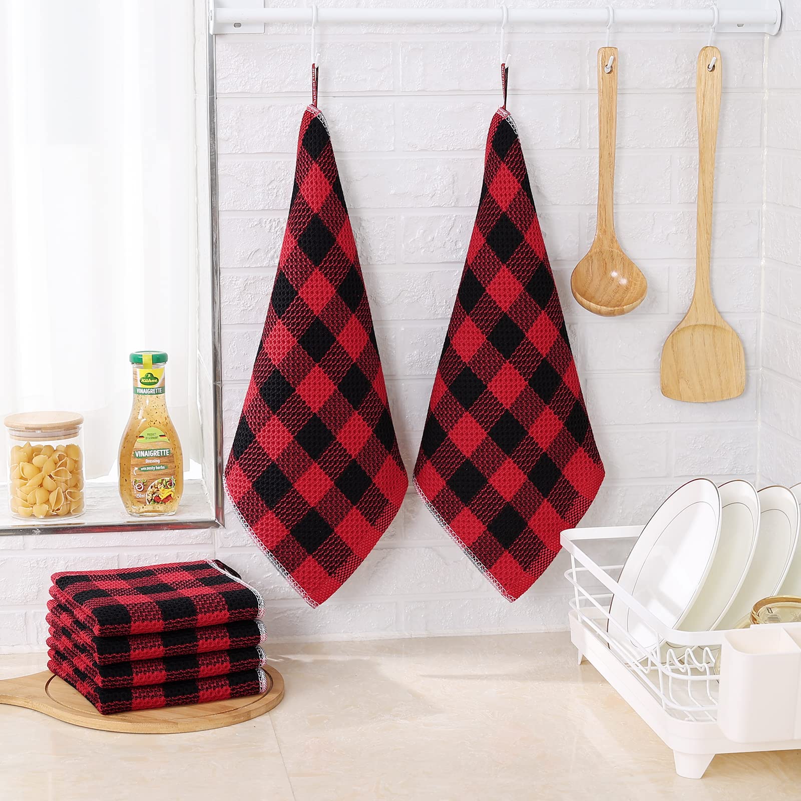 homing Kitchen Towels & Dish Cloths Set, 10 Pack, Super Soft, Absorbent, Quick Dry, 13" x 28" & 12" x 12", Red Black