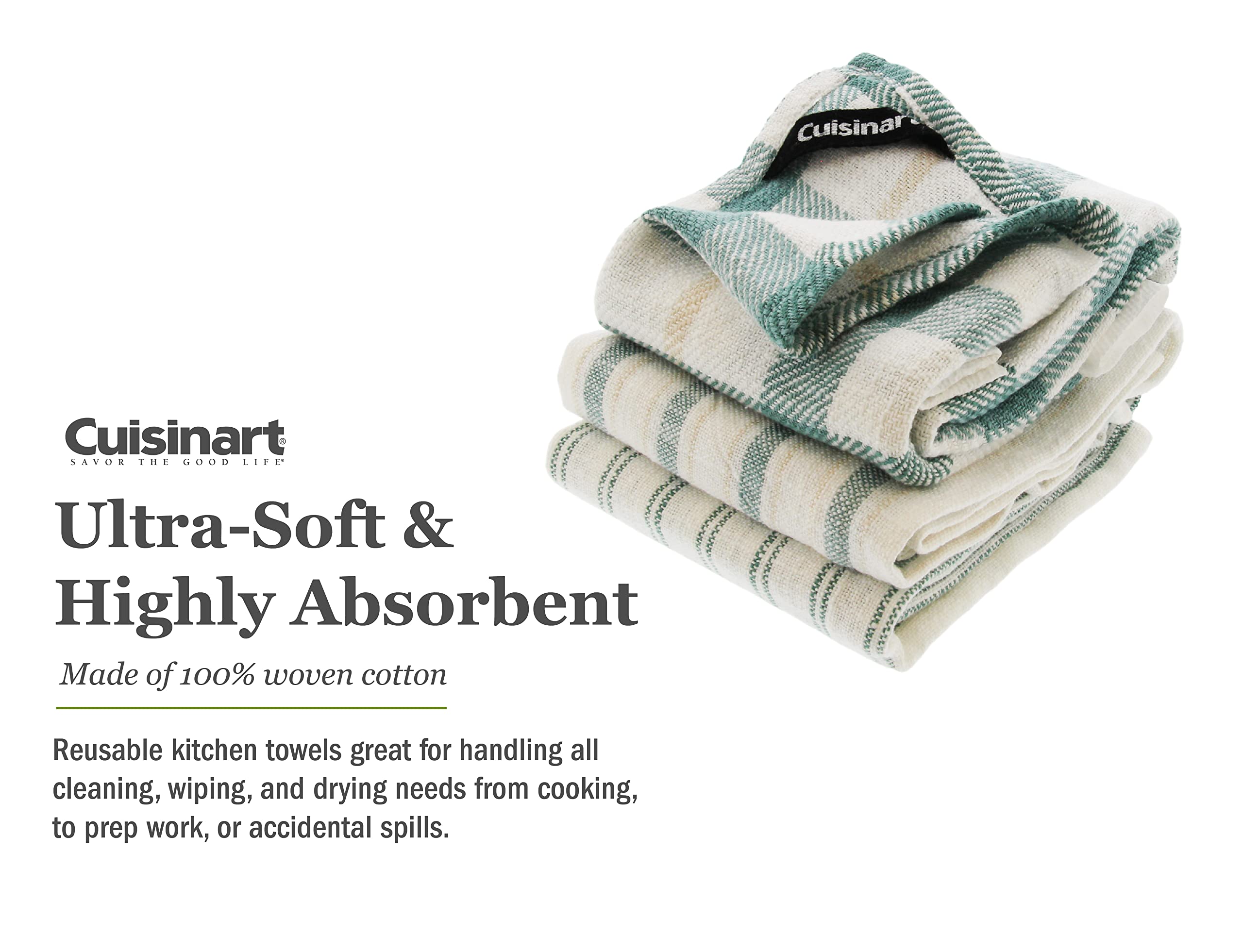 ASDJLK Cuisinart Oversized Kitchen Towels, Set of 3 - Slub Weave Cotton Fabric is Soft, Lightweight, & Quick Drying to Handle Cleaning, Wiping, & Drying Needs, 18 x 28 inches Dish Towels, Teal/Tan