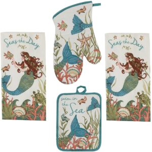 kay dee 4 piece kitchen set - 2 terry towels, oven mitt, potholder (mermaid)