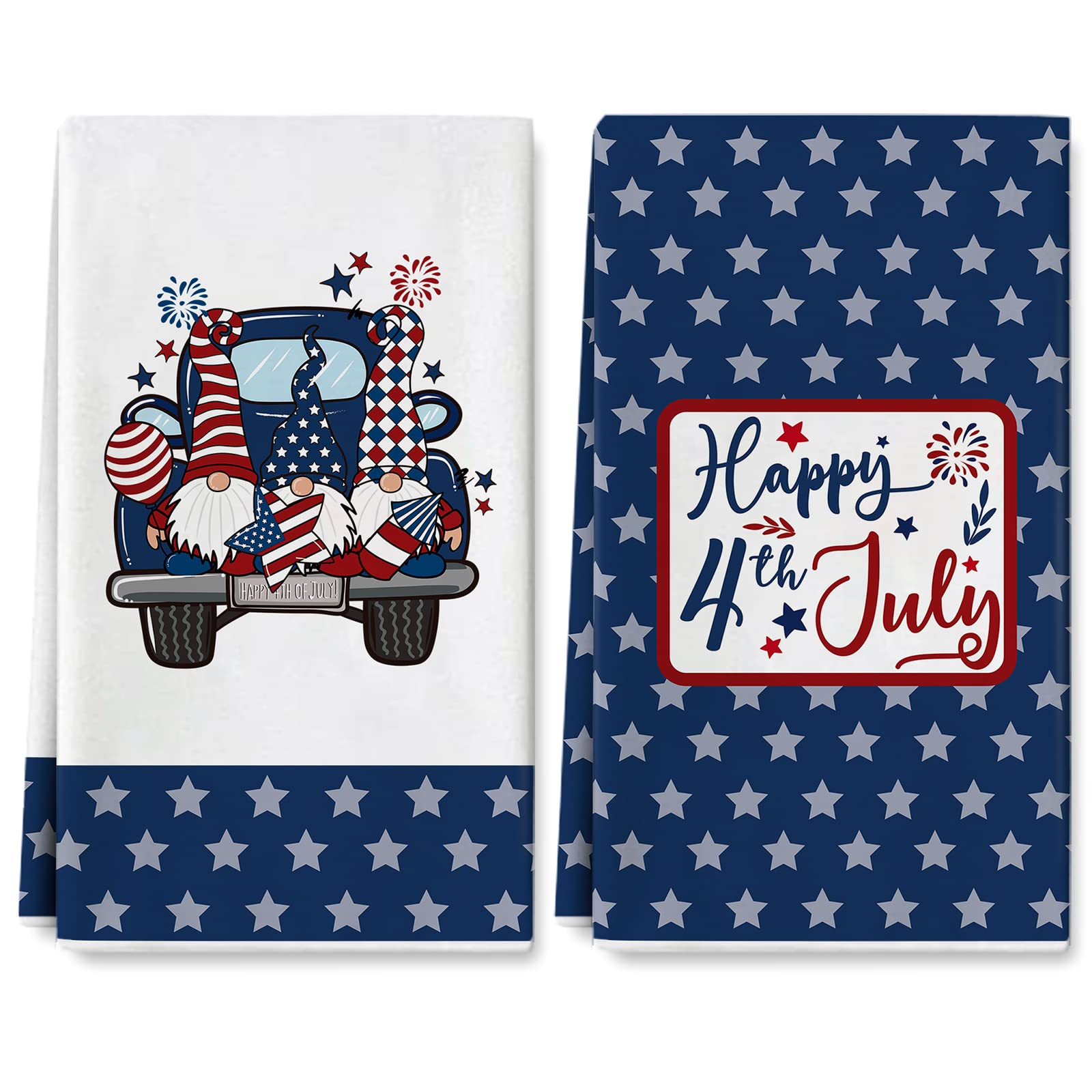 AnyDesign 4th of July Kitchen Dish Towel American Stars Gnome Truck Cloth Tea Towel 18 x 28 Inch Patriotic Decorative Dishcloth Independence Day Memorial Day Hand Towel for Home Cooking Baking, 2Pcs