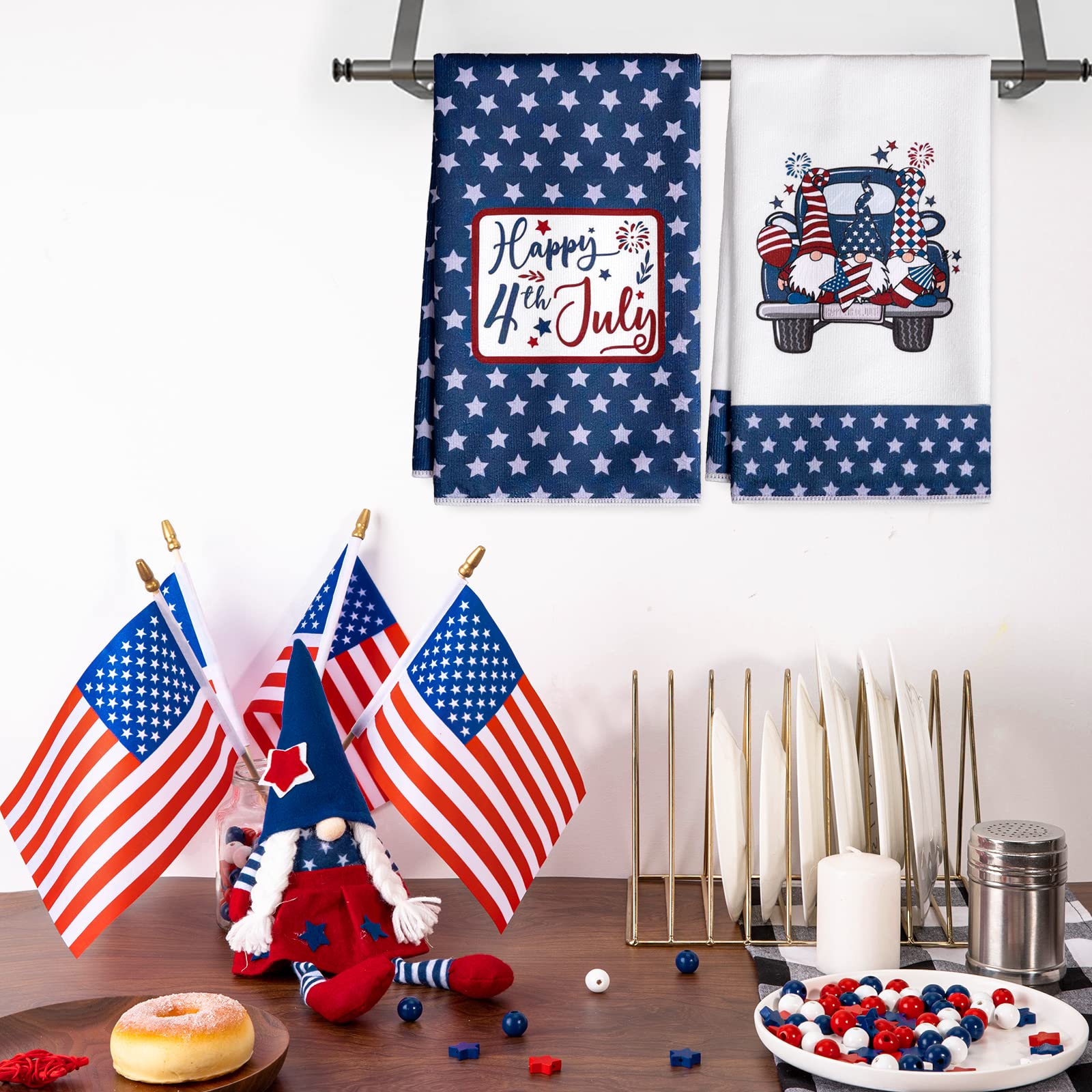 AnyDesign 4th of July Kitchen Dish Towel American Stars Gnome Truck Cloth Tea Towel 18 x 28 Inch Patriotic Decorative Dishcloth Independence Day Memorial Day Hand Towel for Home Cooking Baking, 2Pcs