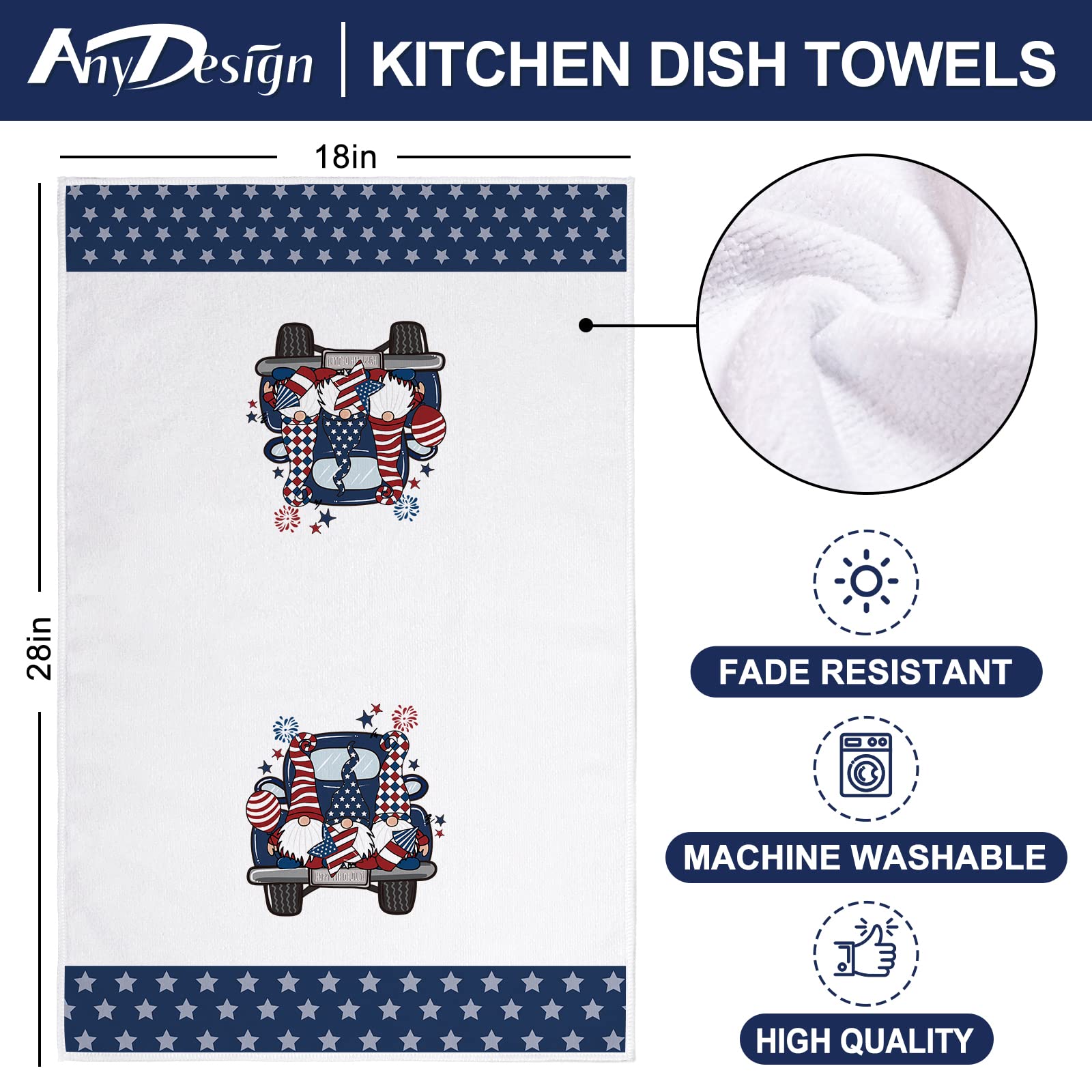 AnyDesign 4th of July Kitchen Dish Towel American Stars Gnome Truck Cloth Tea Towel 18 x 28 Inch Patriotic Decorative Dishcloth Independence Day Memorial Day Hand Towel for Home Cooking Baking, 2Pcs