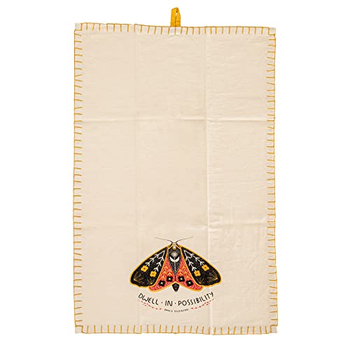 Creative Co-Op Cotton Moth Illustration and Dwell in Possibility Message, Multicolor Tea Towel, Ivory