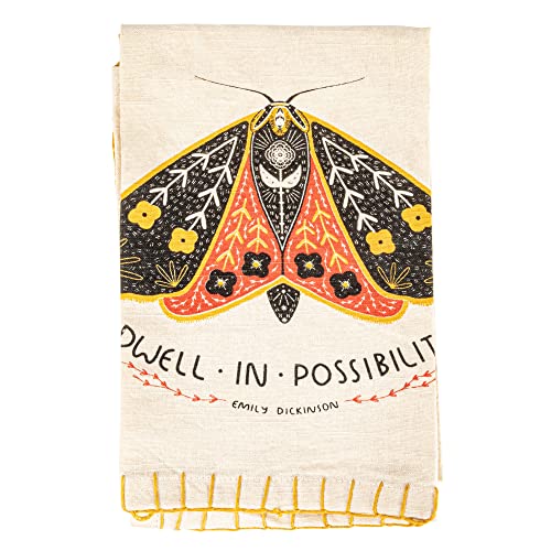 Creative Co-Op Cotton Moth Illustration and Dwell in Possibility Message, Multicolor Tea Towel, Ivory