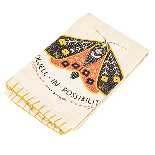 Creative Co-Op Cotton Moth Illustration and Dwell in Possibility Message, Multicolor Tea Towel, Ivory