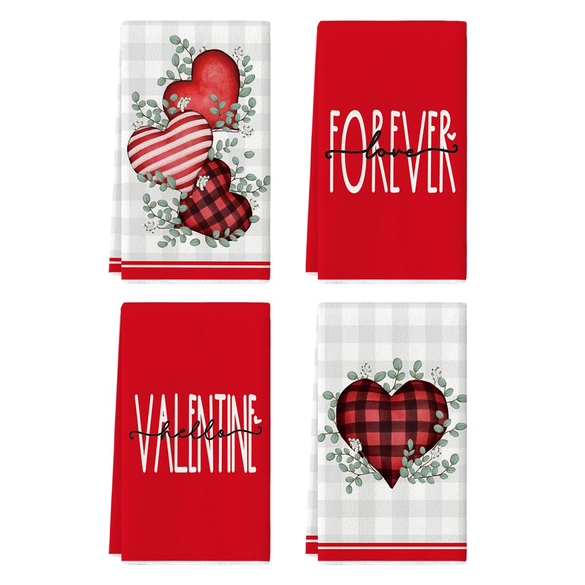 Artoid Mode Red Eucalyptus Leaves Valentine's Day Kitchen Towels Dish Towels, 18x26 Inch Love Forever Decoration Hand Towels Set of 4