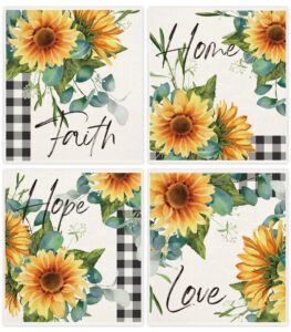 whaline 4pcs sunflower swedish dishcloths sunflower kitchen dish towel reusable love home cotton kitchen towels for baking cooking home kitchen bathroom decor, 6.7 x 7.7inch