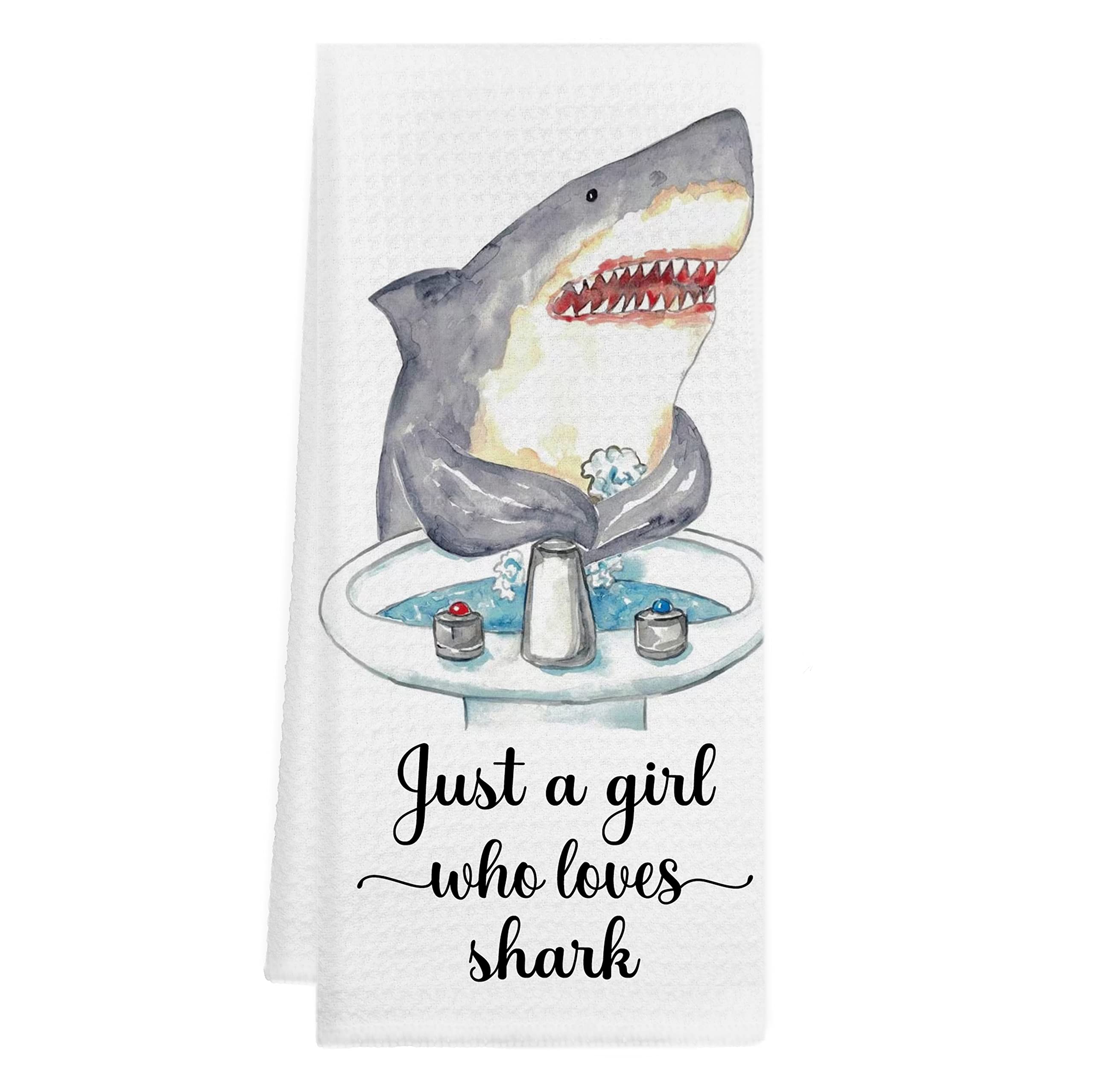 GICHUGI Just A Girl Who Loves Shark Kitchen Towels and Dishcloths,Funny Shark Taking Bath Decorative Dish Towels Hand Towels Tea Towels, Ocean Animal Decor for Shark Lovers,Gift for Girls Women