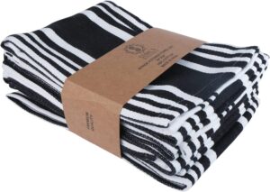 black white set of 4 kitchen dish towels 20x30 inch extra large size highly absorbent 100% cotton hand towel with mitered corners modern stripes for bar & tea and household use with hanging loop