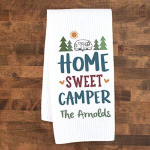 CANARY ROAD Personalized Home Sweet Camper Waffle Weave Dish Towel | Personalized Kitchen Towel | Travel Trailer Gift | Camper Accessories | Personalized Dish Towel | Camper Decor