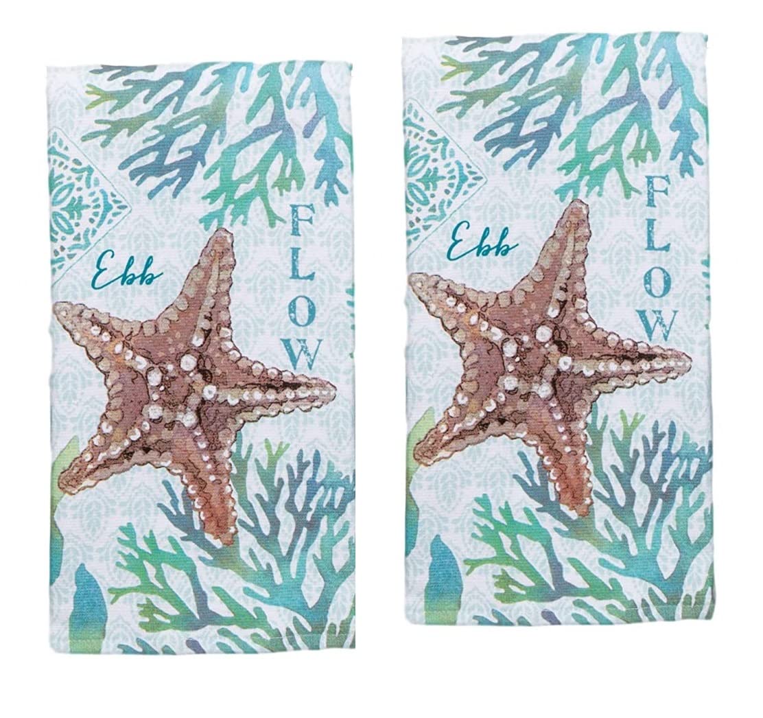 Bundle of 2 Sea Life Coastal Beach Dual Purpose Terry Kitchen Dish Towels, Starfish