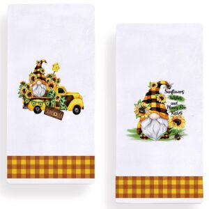 set of 2 sunflower gnome kitchen dish towel 18 x 28 inch, seasonal spring summer buffalo plaid sunflower truck tea towels dish cloth for cooking baking