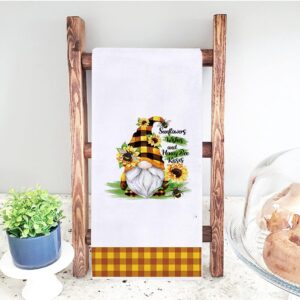 Set of 2 Sunflower Gnome Kitchen Dish Towel 18 x 28 Inch, Seasonal Spring Summer Buffalo Plaid Sunflower Truck Tea Towels Dish Cloth for Cooking Baking