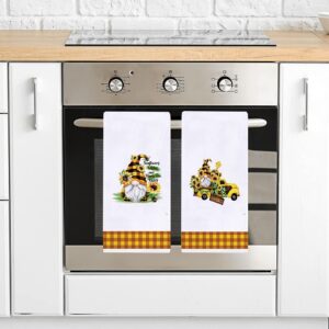 Set of 2 Sunflower Gnome Kitchen Dish Towel 18 x 28 Inch, Seasonal Spring Summer Buffalo Plaid Sunflower Truck Tea Towels Dish Cloth for Cooking Baking