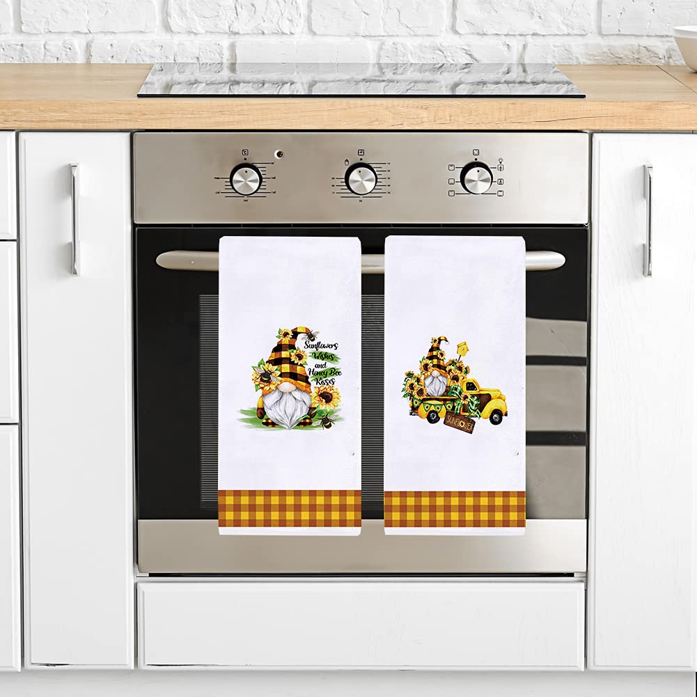 Set of 2 Sunflower Gnome Kitchen Dish Towel 18 x 28 Inch, Seasonal Spring Summer Buffalo Plaid Sunflower Truck Tea Towels Dish Cloth for Cooking Baking