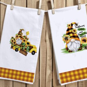 Set of 2 Sunflower Gnome Kitchen Dish Towel 18 x 28 Inch, Seasonal Spring Summer Buffalo Plaid Sunflower Truck Tea Towels Dish Cloth for Cooking Baking