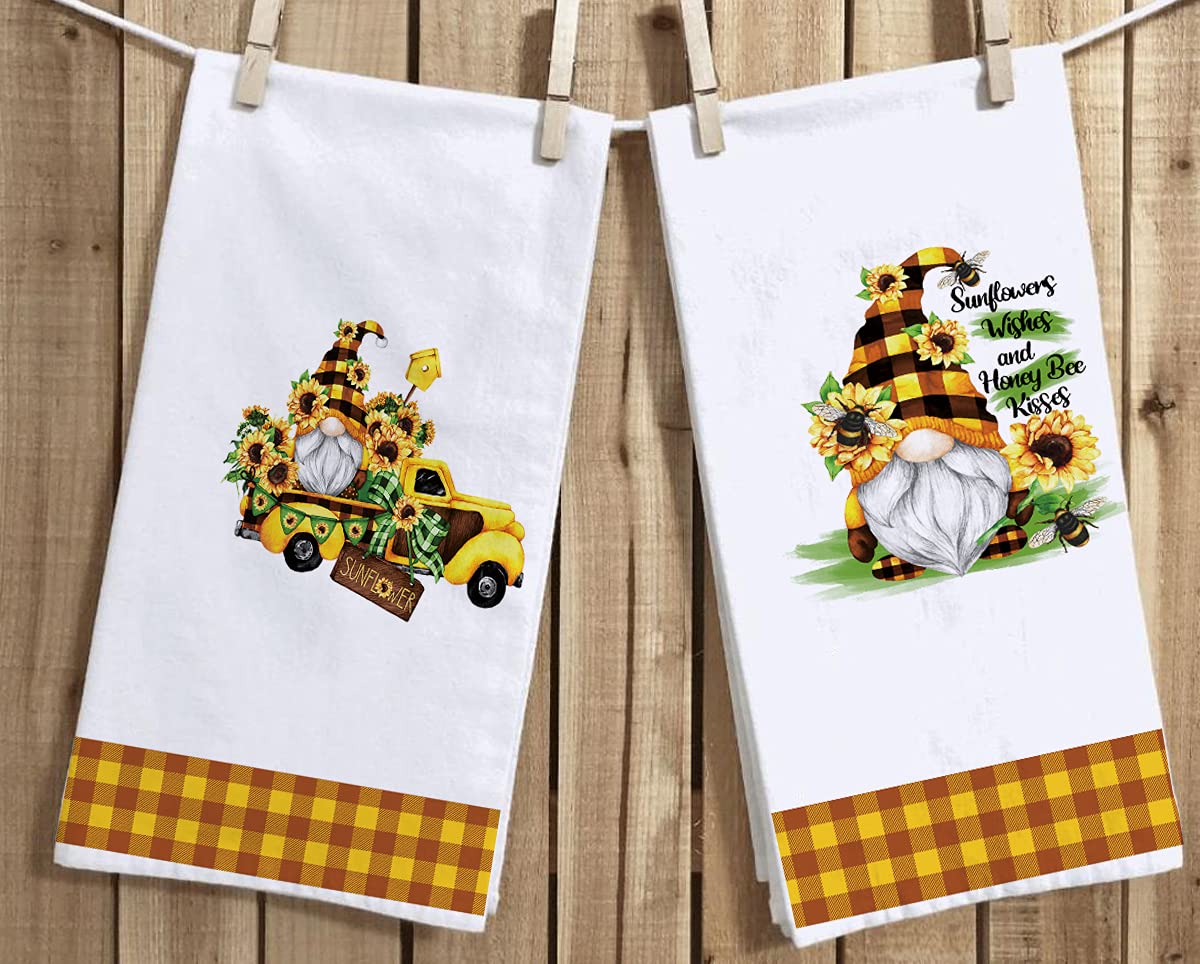 Set of 2 Sunflower Gnome Kitchen Dish Towel 18 x 28 Inch, Seasonal Spring Summer Buffalo Plaid Sunflower Truck Tea Towels Dish Cloth for Cooking Baking