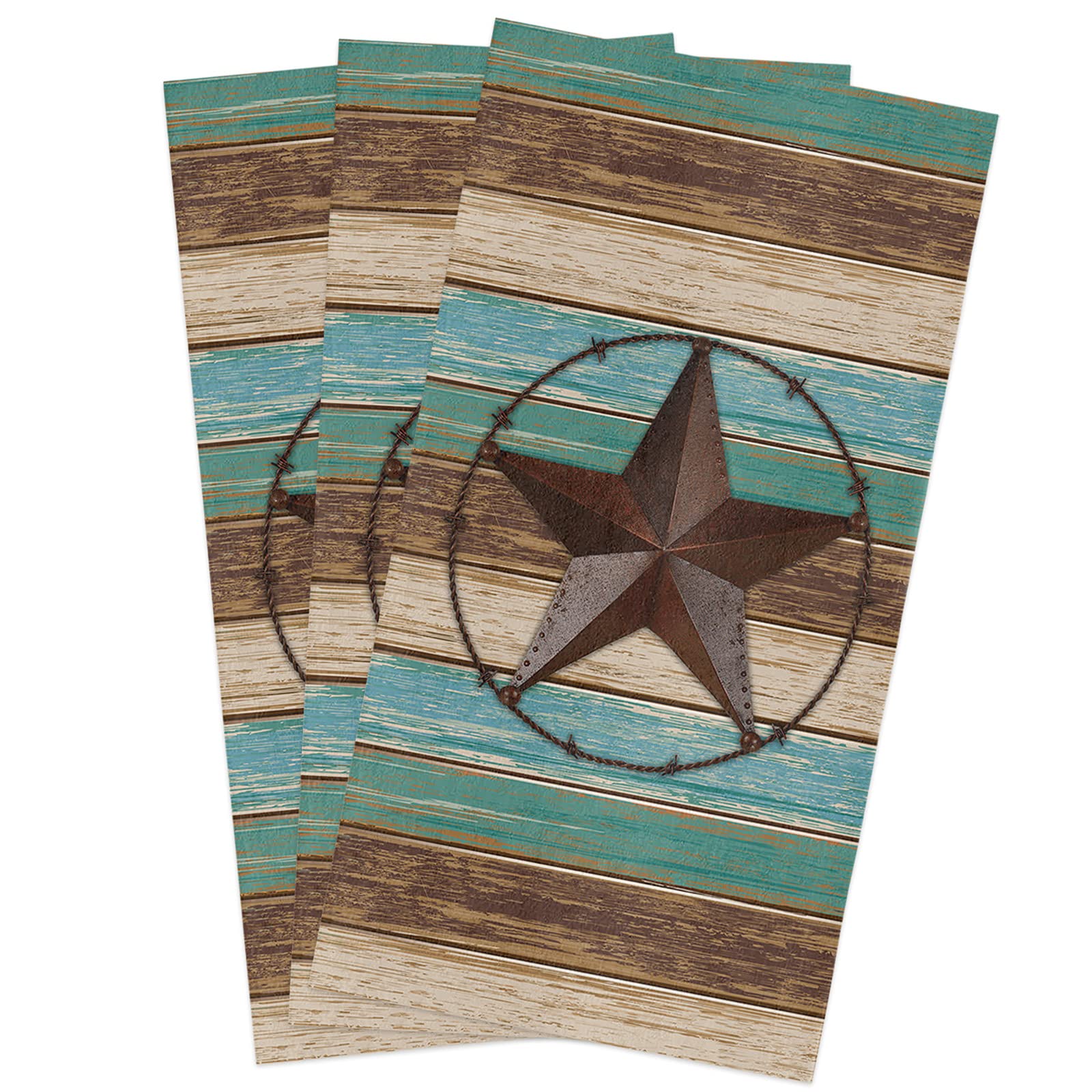 Western Texas Star Wooden Board Kitchen Towels, Set of 3 Hand Drying Towel, Soft Absorbent Multipurpose Cloth Tea Towels for Cooking Baking, Retro Vintage Washable Dish Towels Cloth 18x28 Inch