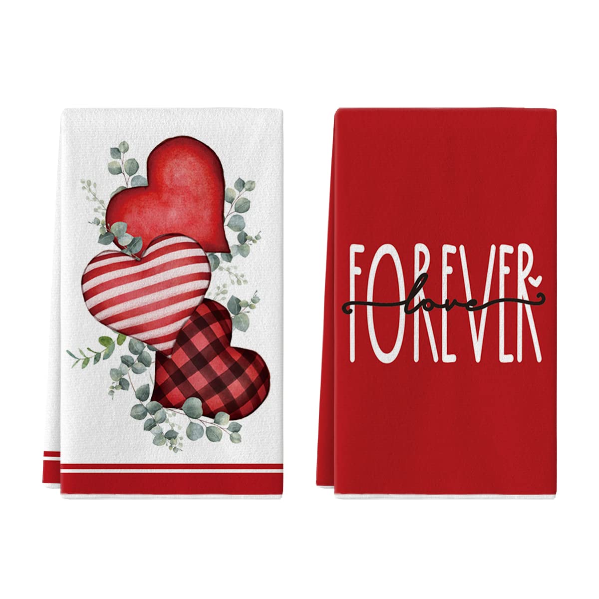 Artoid Mode Eucalyptus Leaves Love Heart Forever Stripes Valentine's Day Kitchen Towels Dish Towels, 18x26 Inch Decoration Hand Towels Set of 2