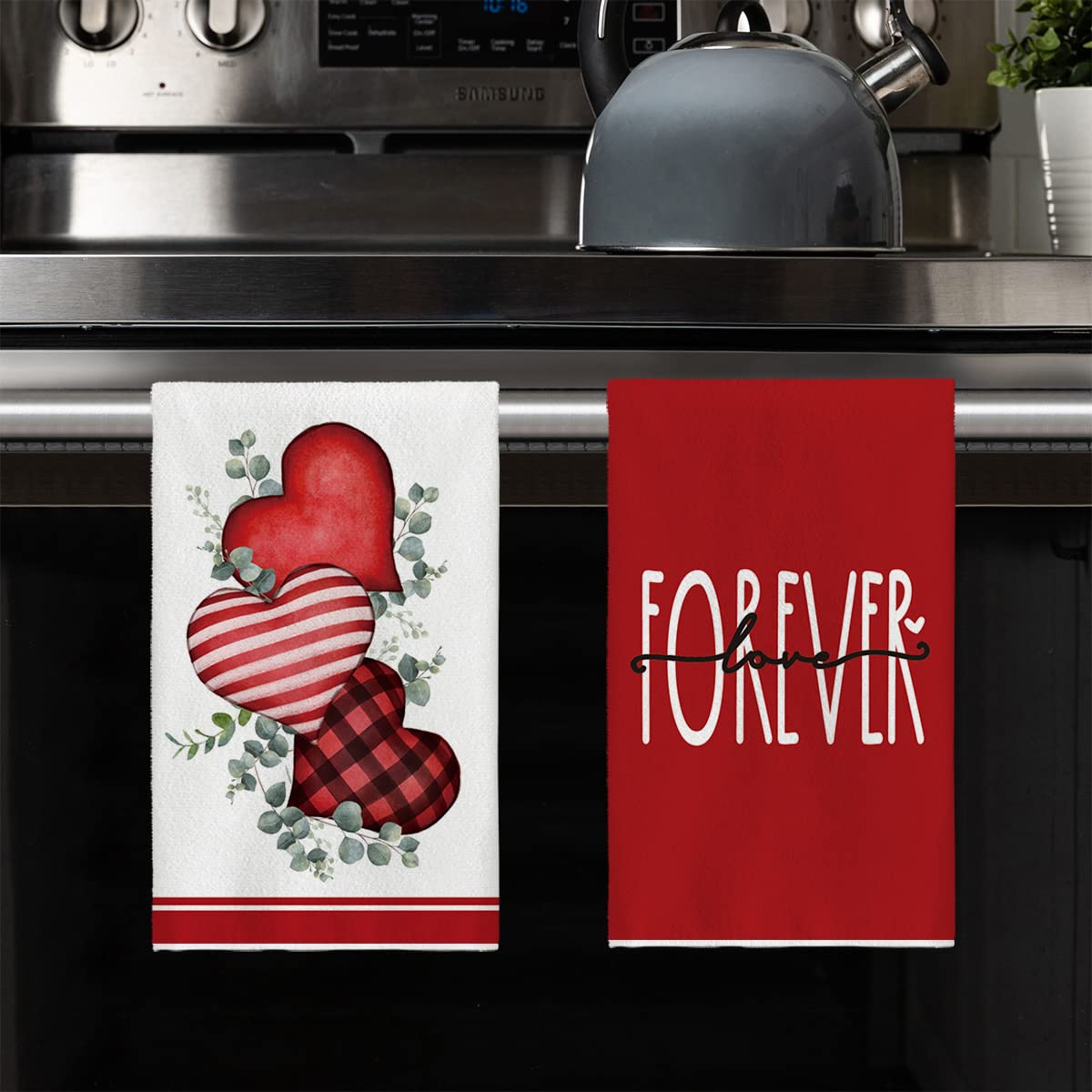 Artoid Mode Eucalyptus Leaves Love Heart Forever Stripes Valentine's Day Kitchen Towels Dish Towels, 18x26 Inch Decoration Hand Towels Set of 2