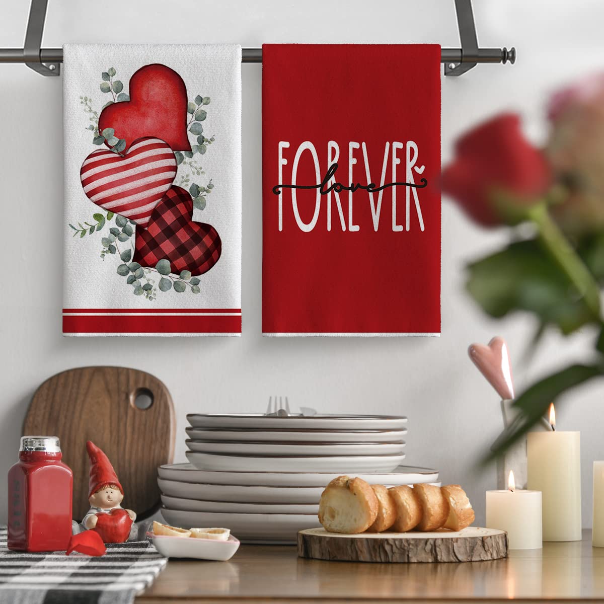 Artoid Mode Eucalyptus Leaves Love Heart Forever Stripes Valentine's Day Kitchen Towels Dish Towels, 18x26 Inch Decoration Hand Towels Set of 2