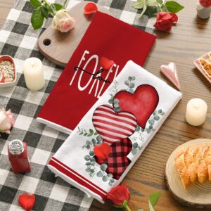 Artoid Mode Eucalyptus Leaves Love Heart Forever Stripes Valentine's Day Kitchen Towels Dish Towels, 18x26 Inch Decoration Hand Towels Set of 2