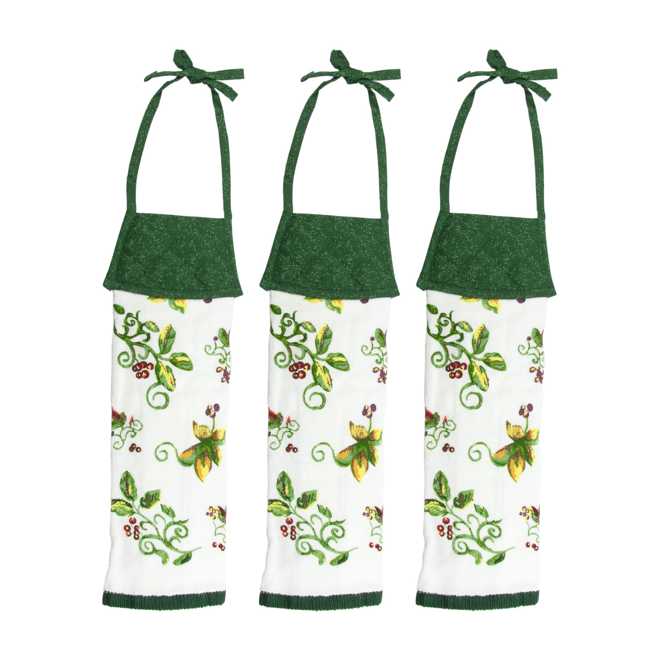 Berries and Vines Tie Top Hanging Kitchen Towels in White/Green, 3 Pack