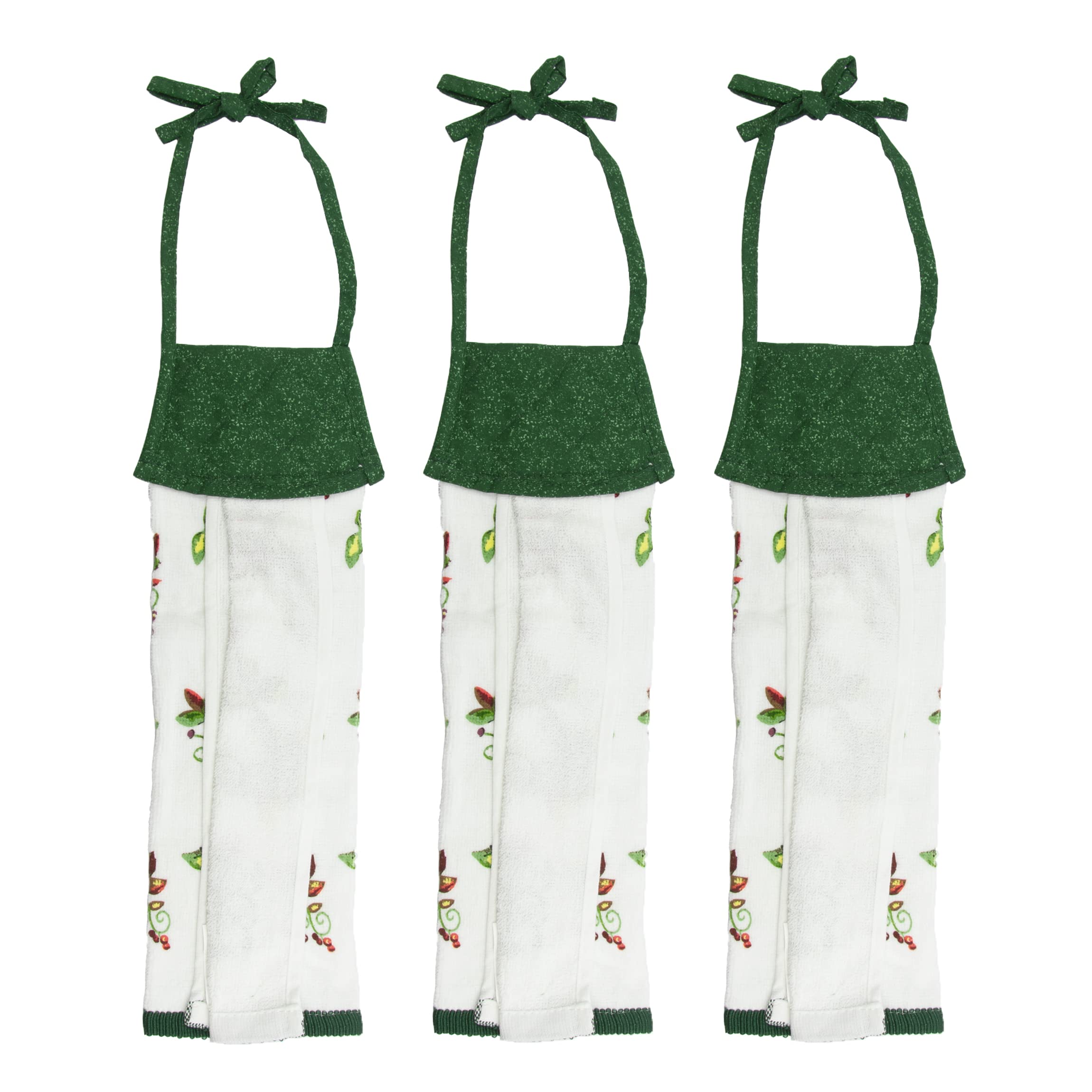 Berries and Vines Tie Top Hanging Kitchen Towels in White/Green, 3 Pack