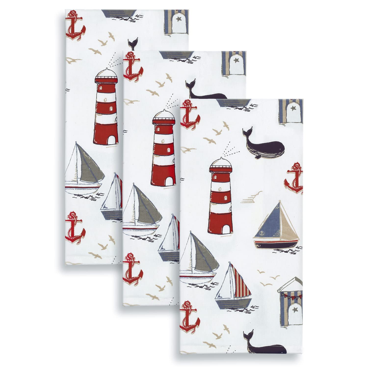 Cackleberry Home Nautical Ocean Kitchen Towels 100% Cotton, Set of 3