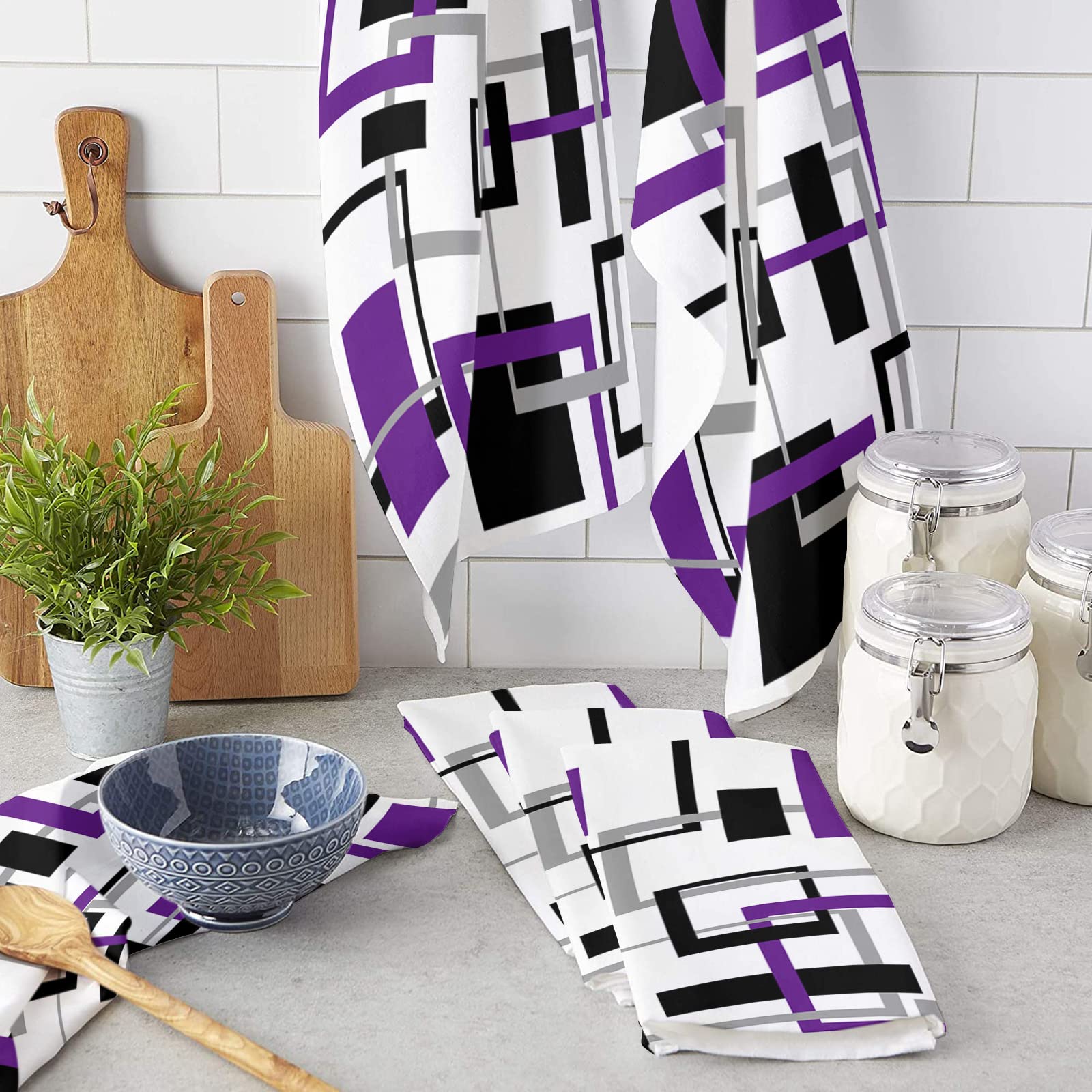 Kitchen Towels Black Purple Geometry Abstract Art Kitchen Dish Cloths Ultra Soft Absorbent Quick Drying Dish Towels Kitchen Hand Towels Tea Towels with Hanging Loop,1 Pack