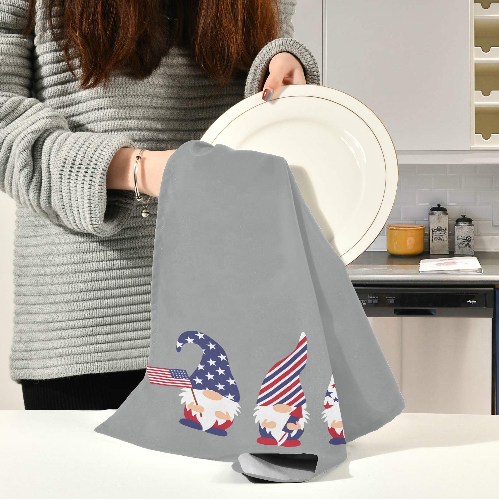 American Gnomes Flag Dish Towel Cloth Memorial Independence Day 4th of July Kitchen Hand Towels 18x28 IN Super Absorbent Lint Free Cleaning Cloths Tea Bar Soft Towel Set of 1 Grey