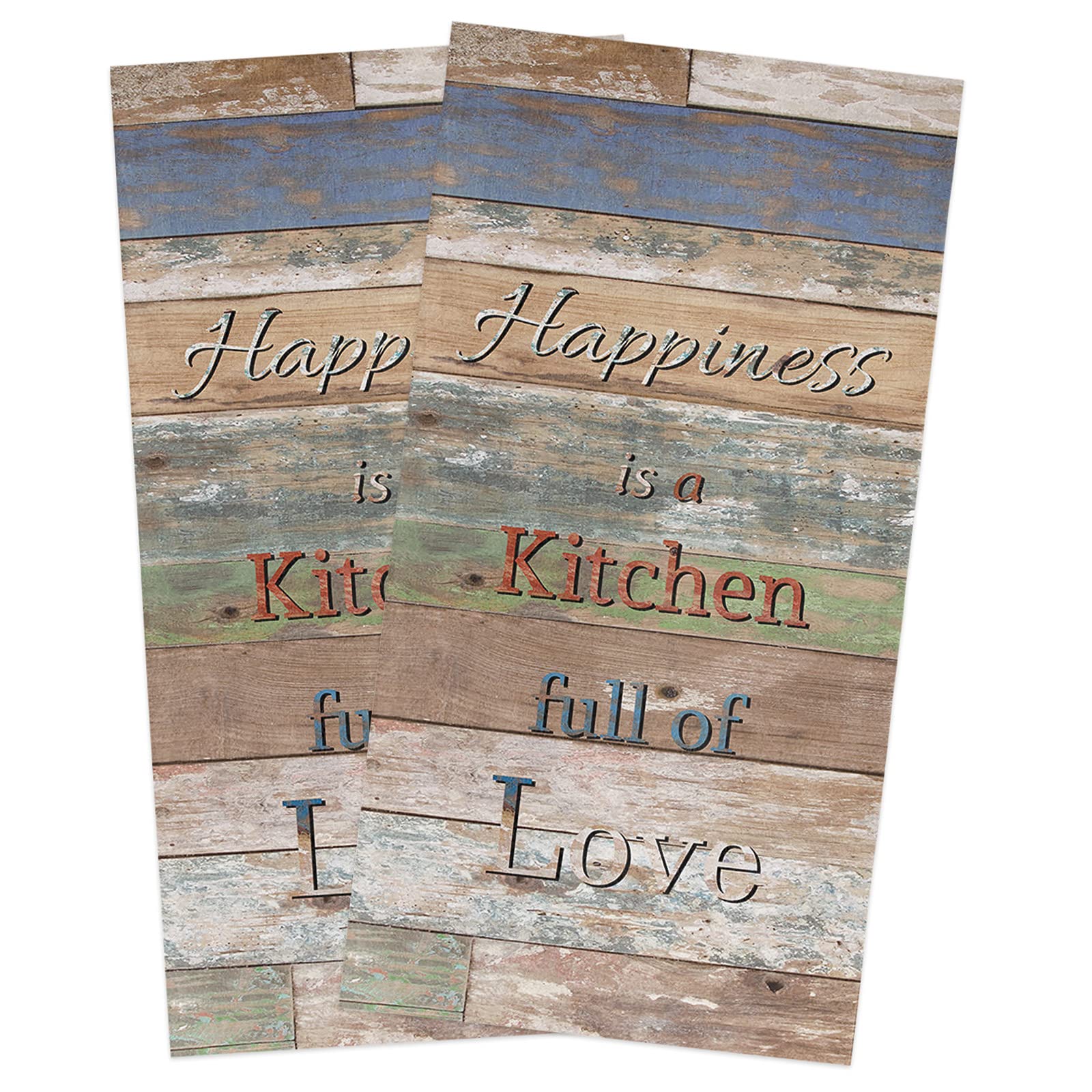 Kitchen Dish Towels 2 Pack-Super Absorbent Soft Microfiber,Rustic Wooden Grain Quotes Happiness is A Kitchen Full of Love Cleaning Dishcloth Hand Towels Tea Towels for Kitchen Bathroom Bar