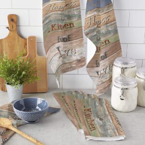 Kitchen Dish Towels 2 Pack-Super Absorbent Soft Microfiber,Rustic Wooden Grain Quotes Happiness is A Kitchen Full of Love Cleaning Dishcloth Hand Towels Tea Towels for Kitchen Bathroom Bar