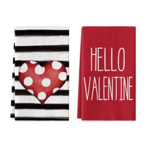 artoid mode stripes heart hello valentine kitchen towels dish towels, 18x26 inch seasonal anniversary valentine's day decoration hand towels set of 2