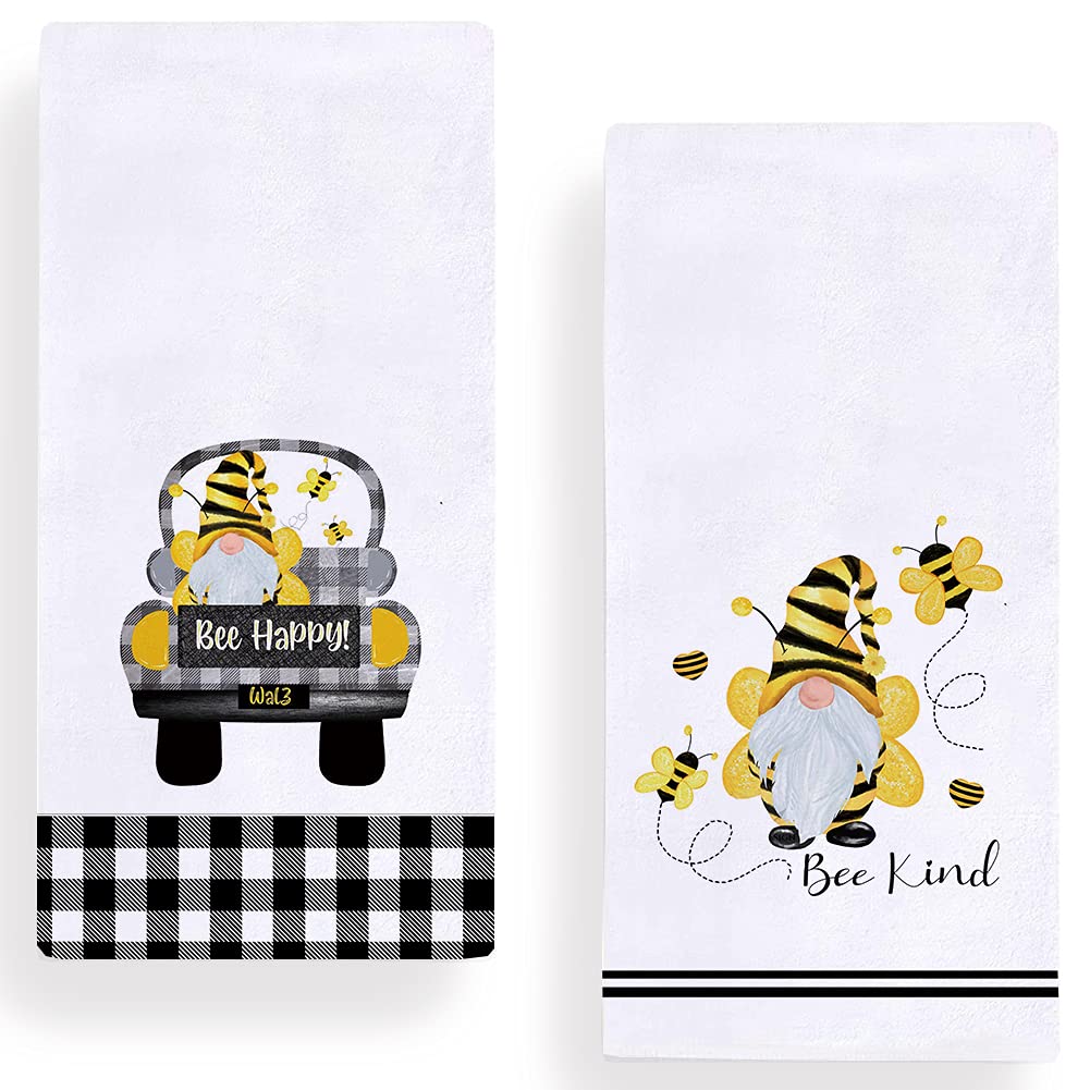 Set of 2 Buffalo Plaid Bee Gnome Kitchen Dish Towel 18 x 28 Inch, Seasonal Spring Summer Bee Happy Tea Towels Dish Cloth for Cooking Baking