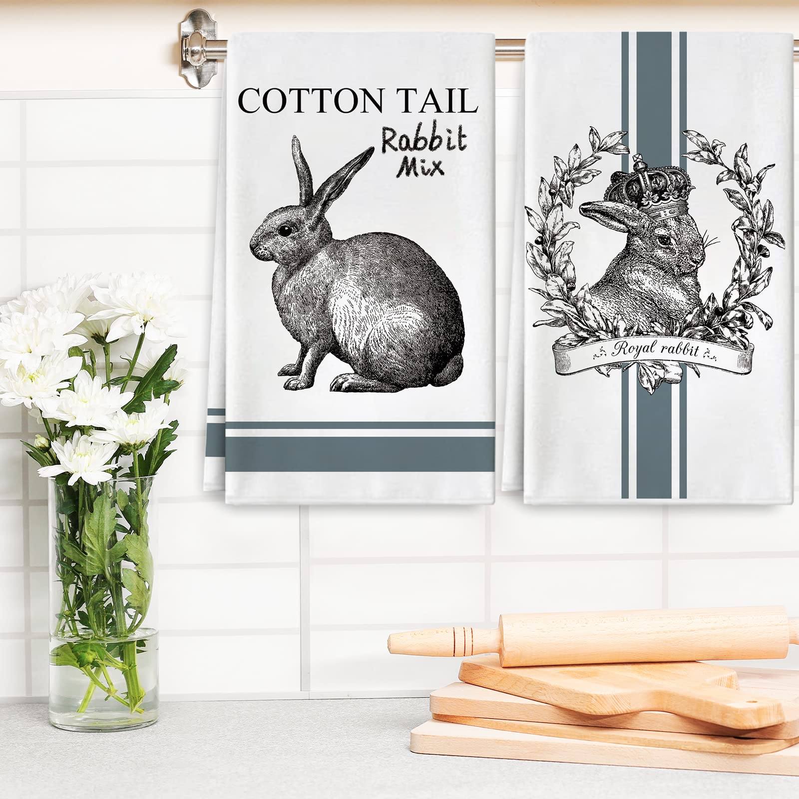 AnyDesign Easter Kitchen Towel Farmhouse Easter Rabbit Bunny Dish Towel Rustic Cotton Tail Rabbit Hand Drying Tea Towel for Spring Cooking Baking Cleaning Wipes, Set of 2, 18 x 28 Inch