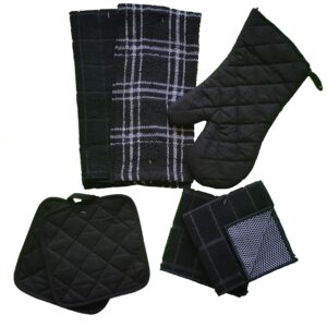 The Spotted Moose Kitchen Linen Set Black/White 7 Piece Bundle – 2 Dish Towels, 2 Dishcloths, 2 Potholders, and 1 Oven Mitt