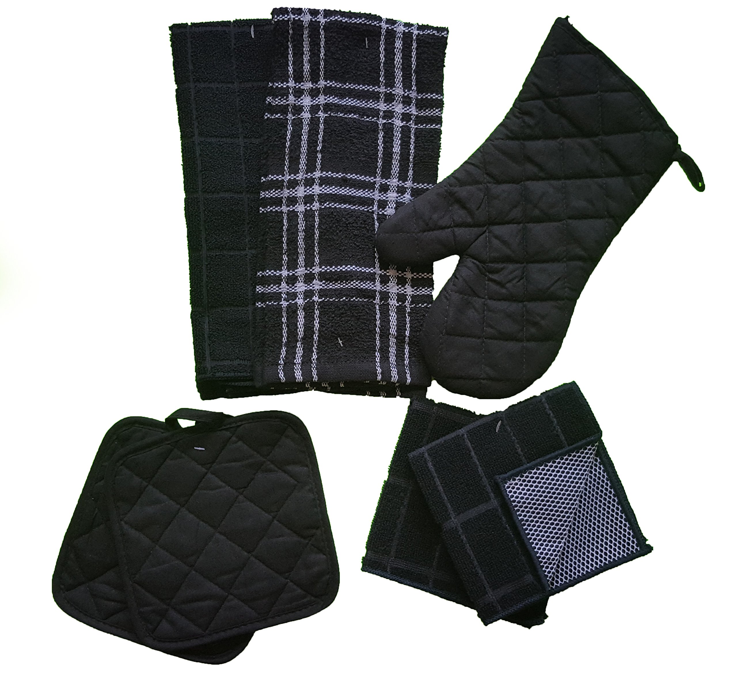 The Spotted Moose Kitchen Linen Set Black/White 7 Piece Bundle – 2 Dish Towels, 2 Dishcloths, 2 Potholders, and 1 Oven Mitt