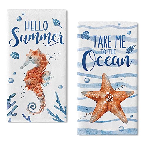 Seliem Hello Summer Sea Horse Starfish Kitchen Dish Towel Set of 2, Conch Coral Coastal Beach Hand Towel Nautical Drying Baking Cooking Cloth, Take Me to The Ocean Seasonal Home Kitchen Decor 18x26