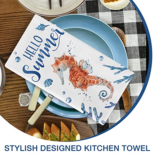 Seliem Hello Summer Sea Horse Starfish Kitchen Dish Towel Set of 2, Conch Coral Coastal Beach Hand Towel Nautical Drying Baking Cooking Cloth, Take Me to The Ocean Seasonal Home Kitchen Decor 18x26